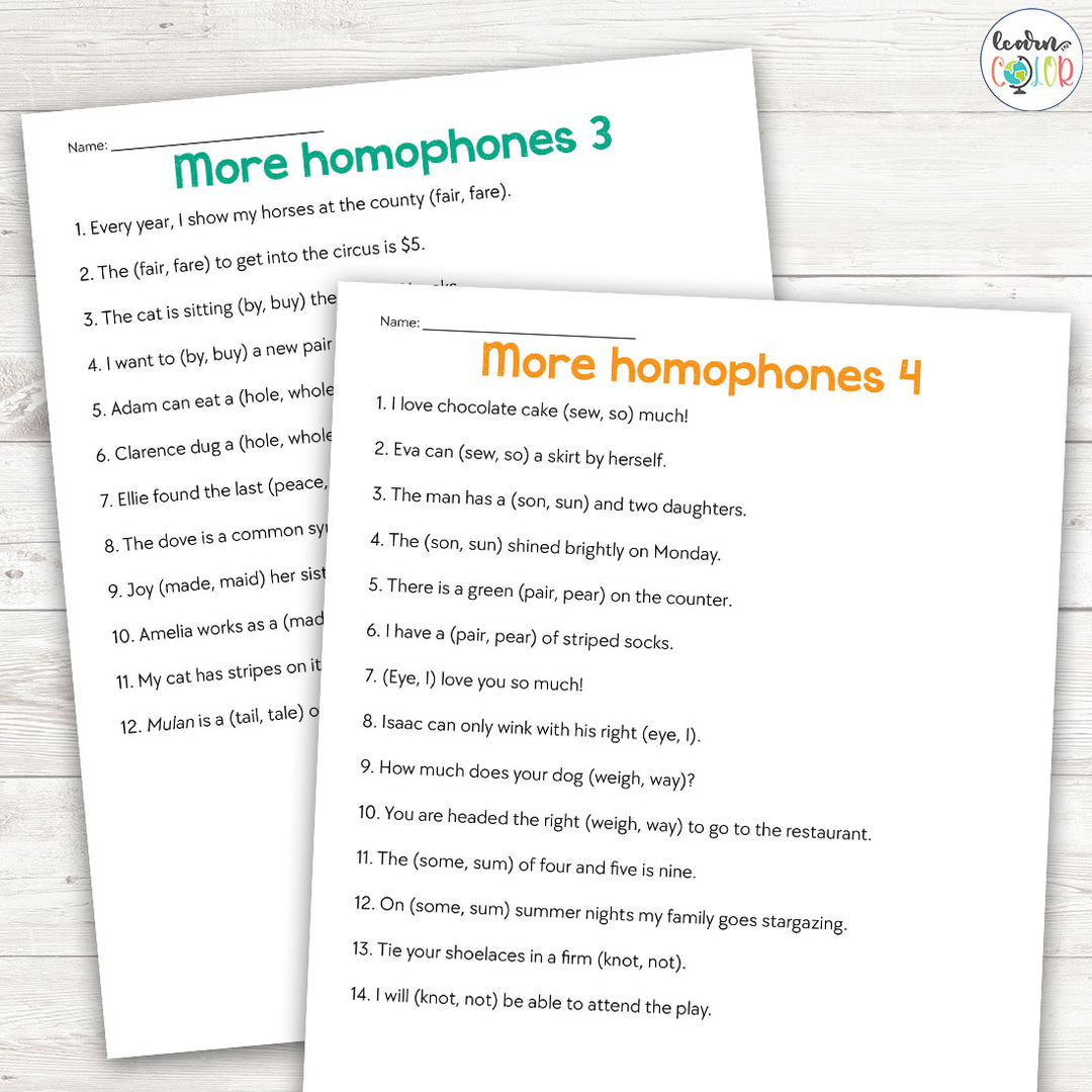 Common Homophones Worksheets – Learn in Color