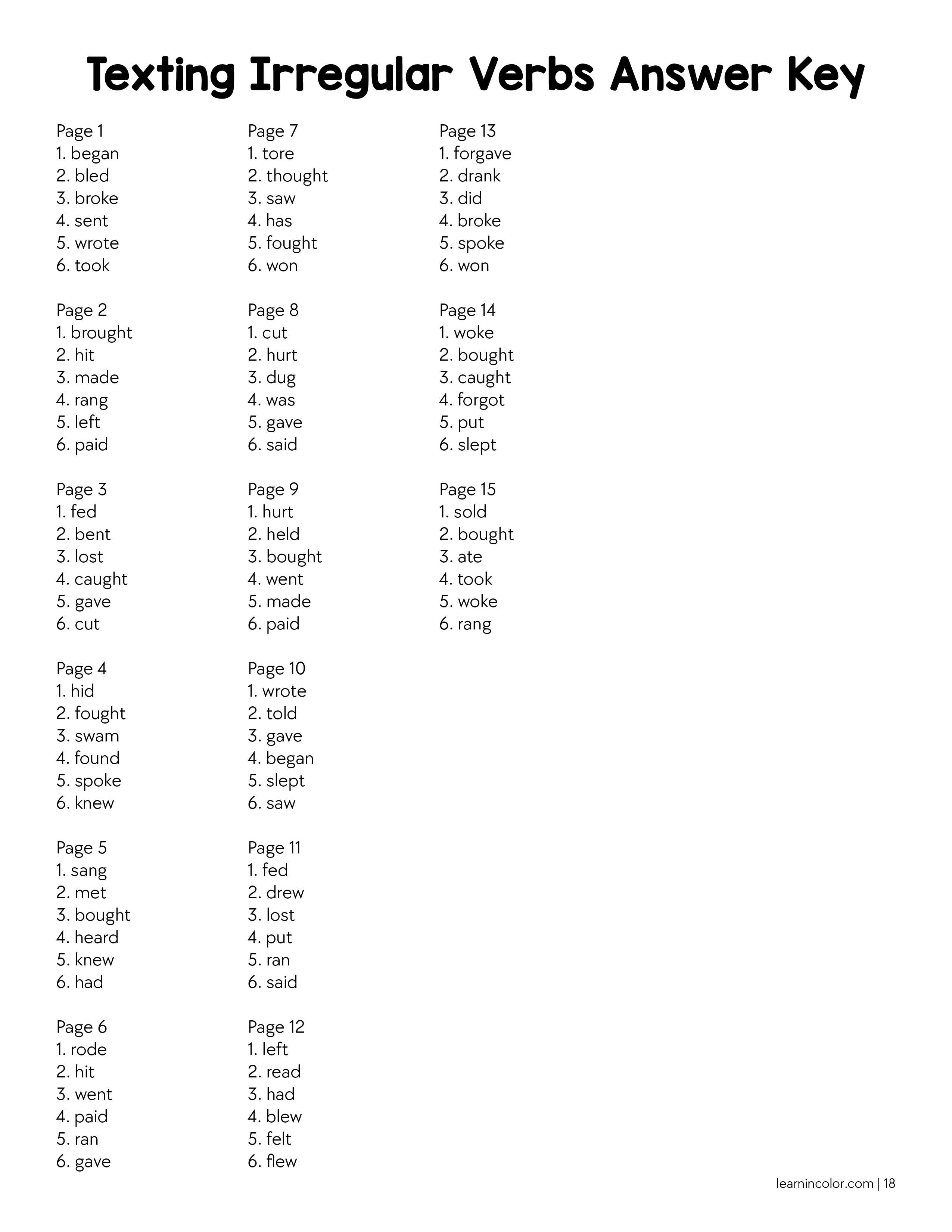 Irregular Past Tense Verbs No-Prep Texting Activity – Learn in Color