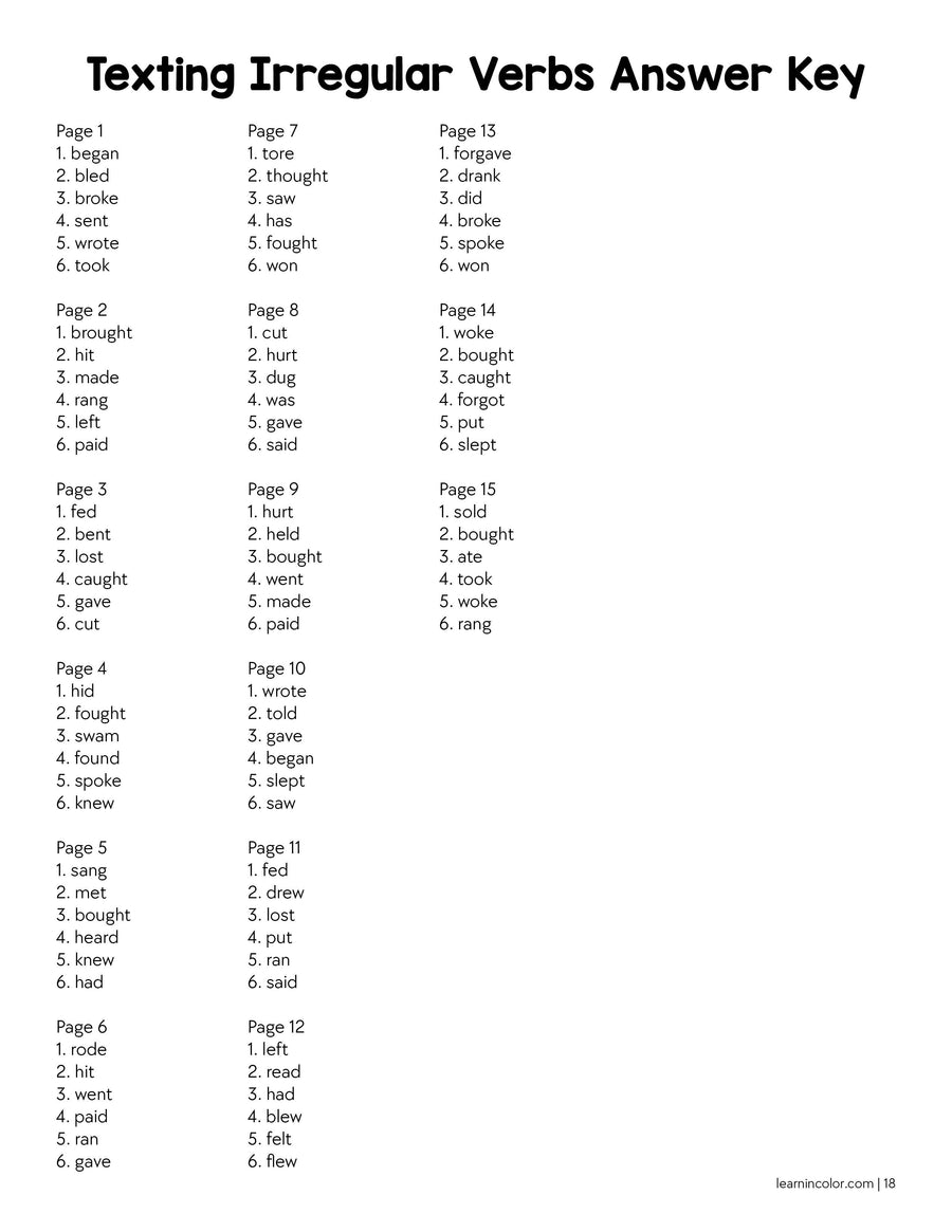 Irregular Past Tense Verbs No-Prep Texting Activity – Learn in Color
